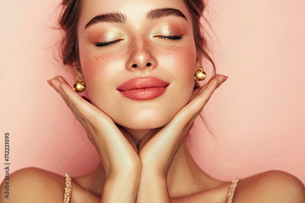 Beautiful woman with smooth skin makeup and golden jewelry smiling ...