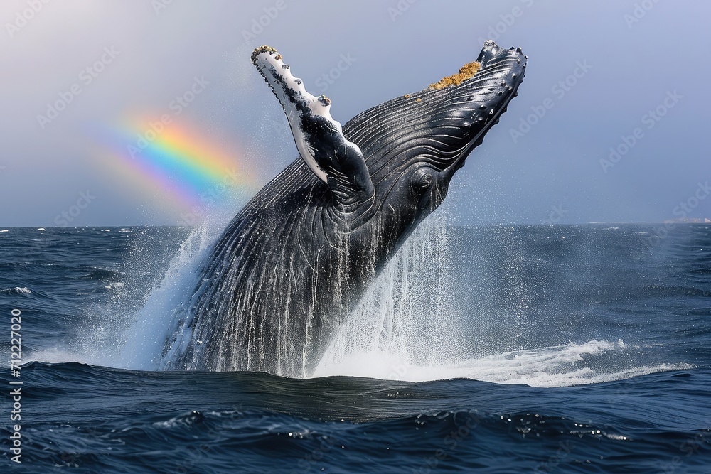 humpback whale breaching out of the ocean, casting a rainbow in its ...