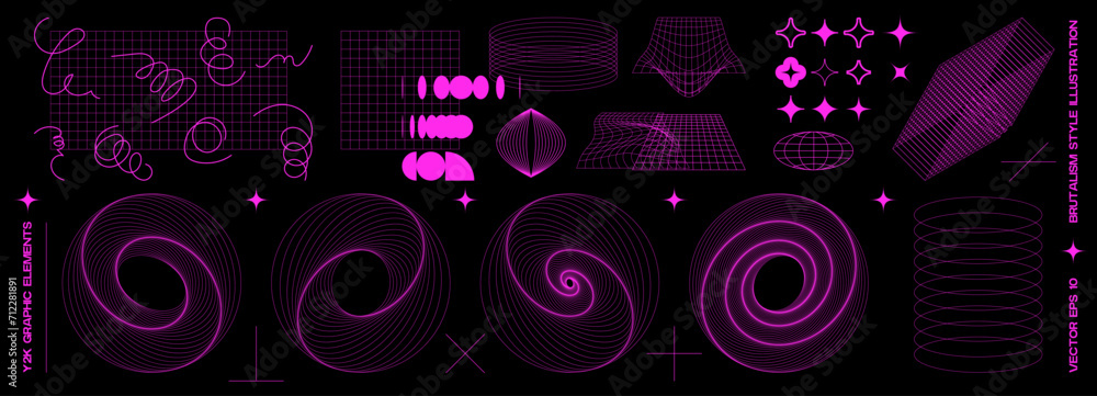 Set of neon pink vector wireframe objects and retro futuristic y2k elements. Line grid torus ...