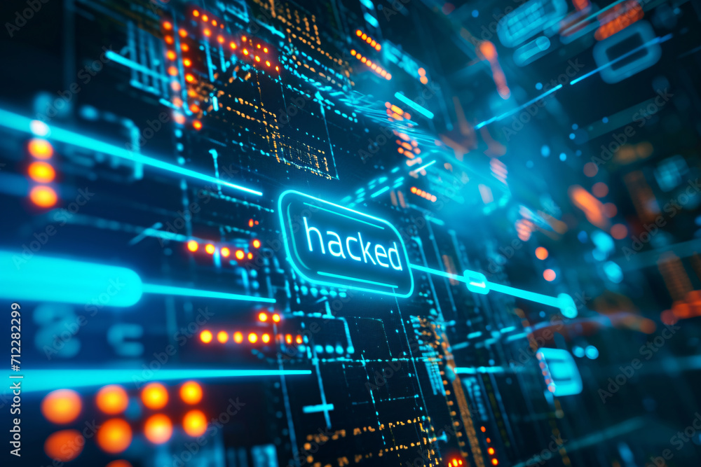 Technology background with the word hacked, hacking attack, ransomeware ...