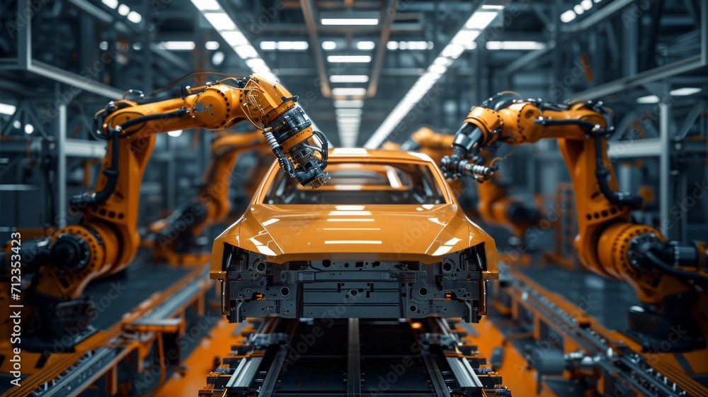 Car manufacturer. The car factory digitalization industry. Automated Robot Arm Assembly Line ...