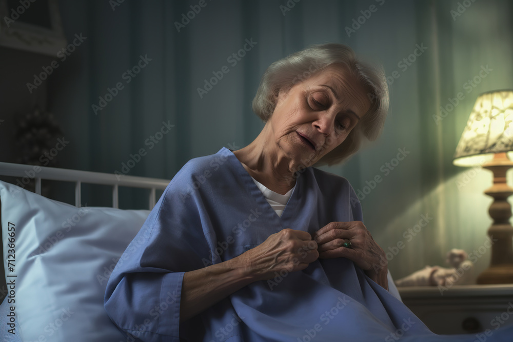 Sad senior woman lying on hospital bed and feeling chest pain ...