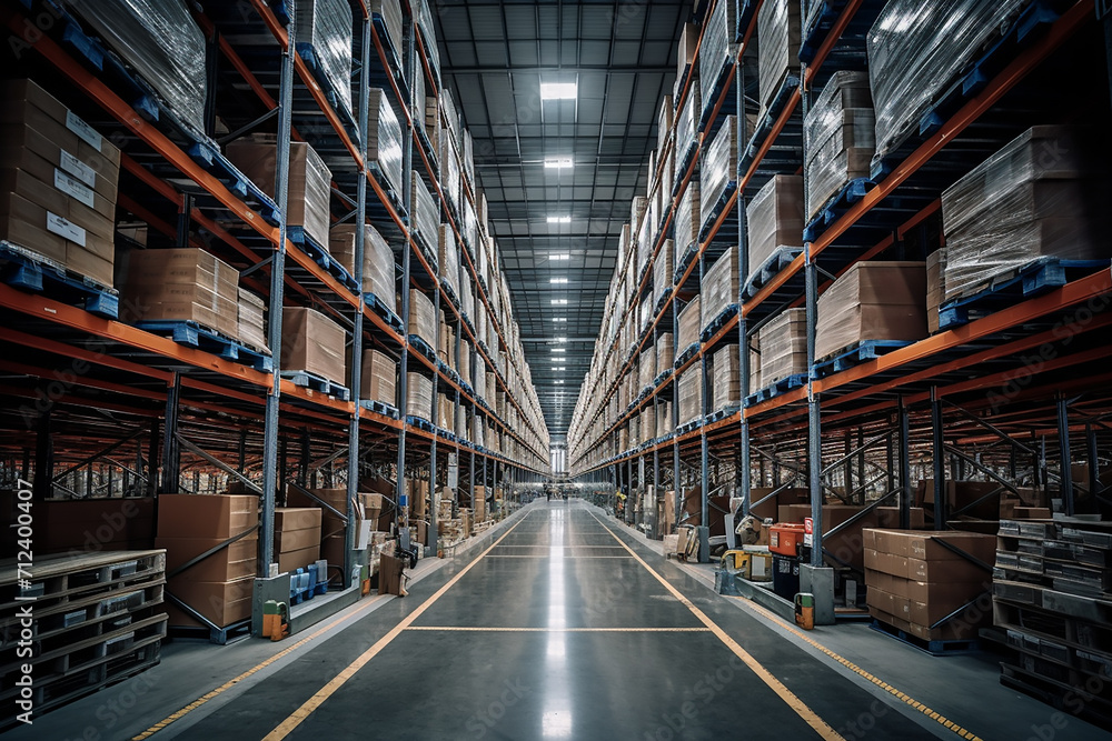 Warehouse with cardboard boxes inside on pallets racks, logistic center ...
