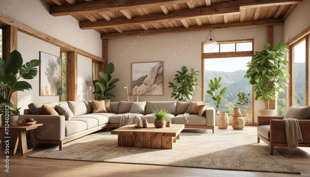 Eco-friendly living room design, large biophilic elements, natural ...