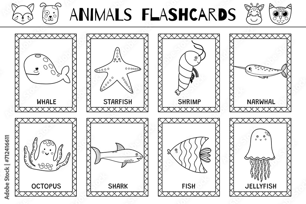Стоковое векторное изображение «Sea animals flashcards black and white collection for kids ...