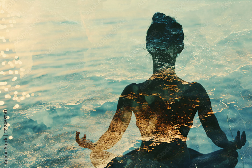 Double exposure photo of a woman meditating and the ocean background ...