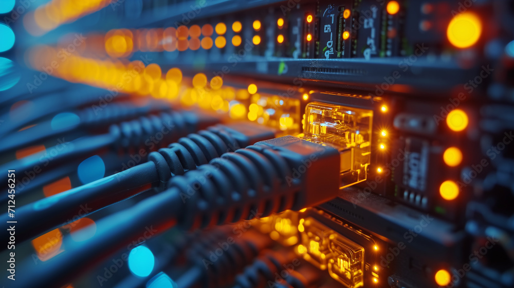 Internet LAN cable In a modern server room For storing and transmitting ...