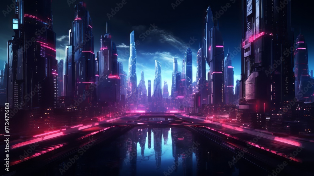 futuristic cyberpunk neon cityscape at night - 3d illustration of a ...