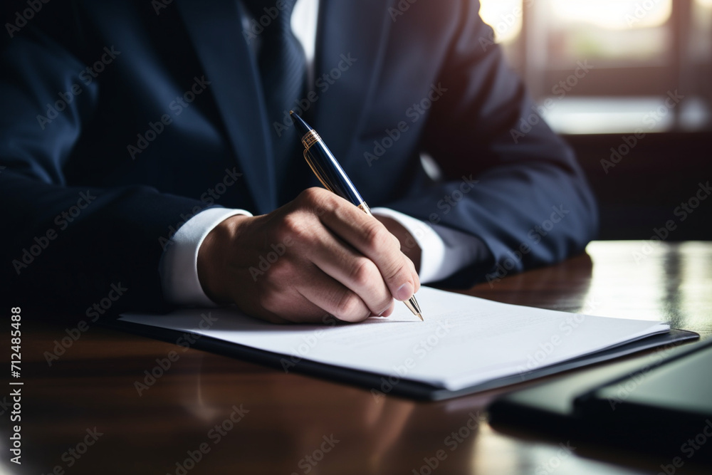 Mature businessman signs documents with a pen making the signature ...