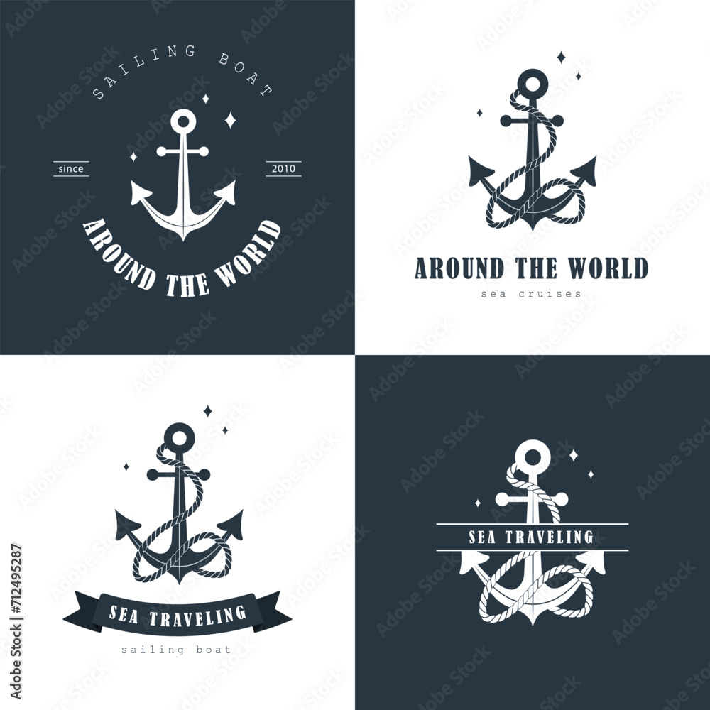 Set of sea traveling logos. Vintage stamps with anchor icons. Maritime ...