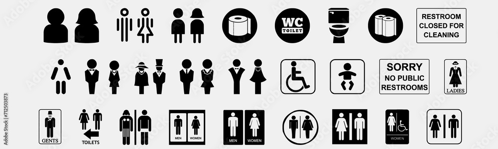 Toilet line icon set. WC sign. Men,women,mother with baby and handicap ...