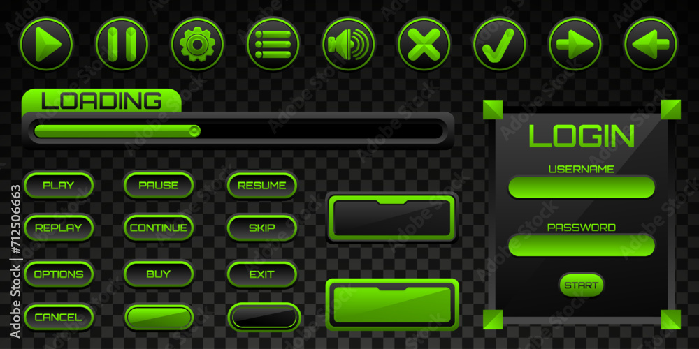 Black and Neon Green Game Menu Interface Buttons and Panels GUI Elements Set for Game UI Designs ...
