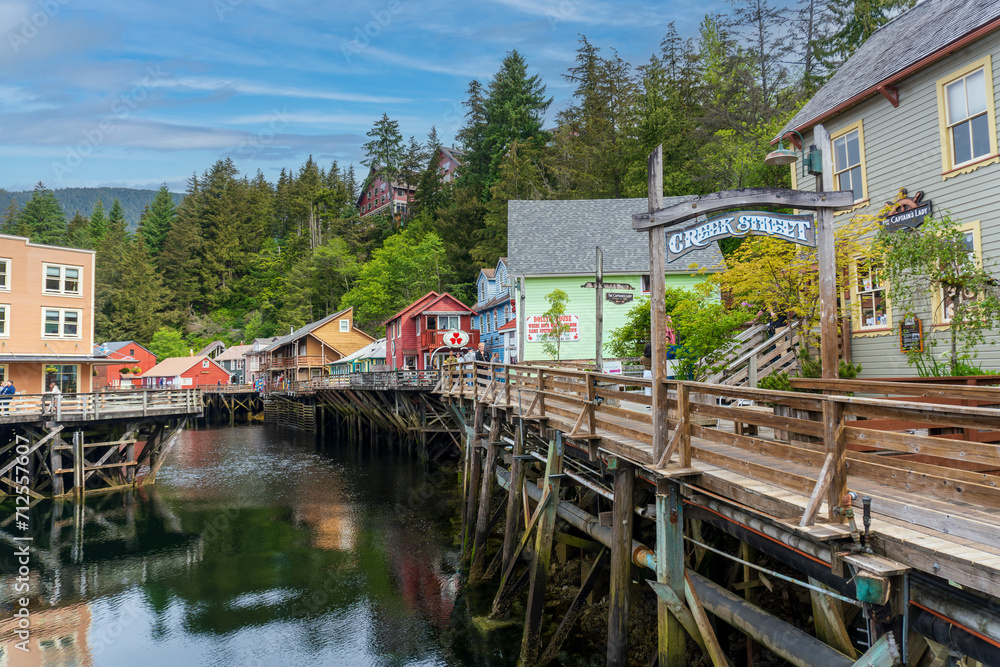 Ketchikan, Alaska: Creek Street. Boardwalk on stilts at Ketchikan Creek ...