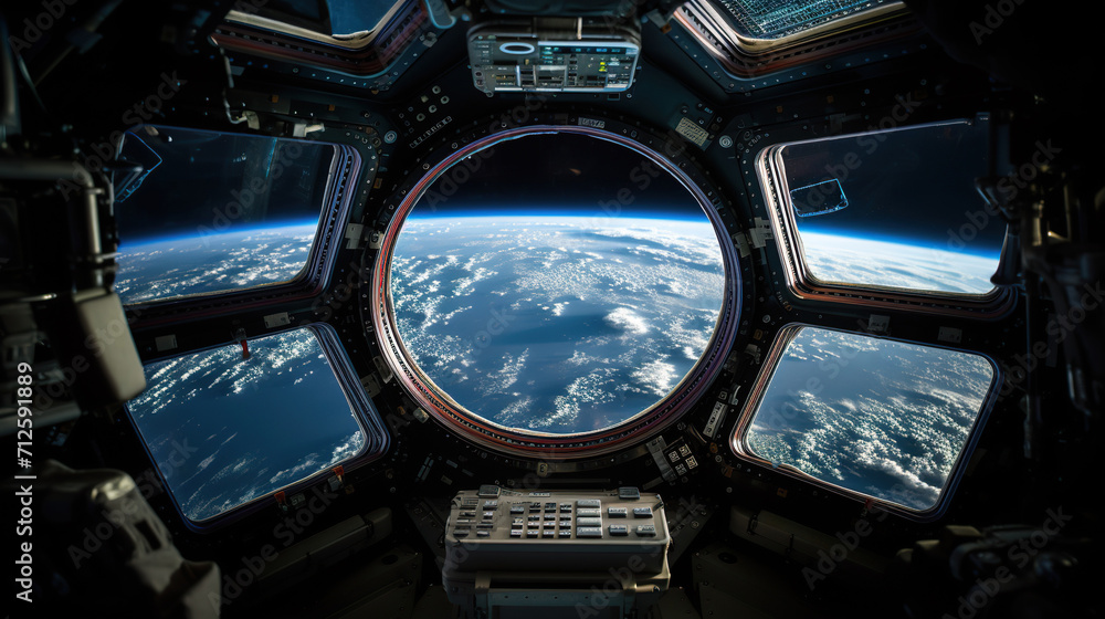 spaceship round window with sunrise over planet view, space station ...