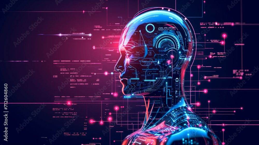 Side profile of a futuristic artificial intelligence computer head with ...