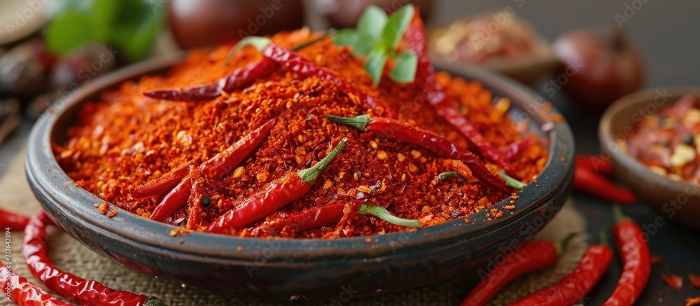 Roasted red chilli seasoned with powder. Stock Photo | Adobe Stock