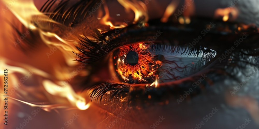Woman's red eye in the dark. Piercing eyes Orange Fire. Burning demonic ...