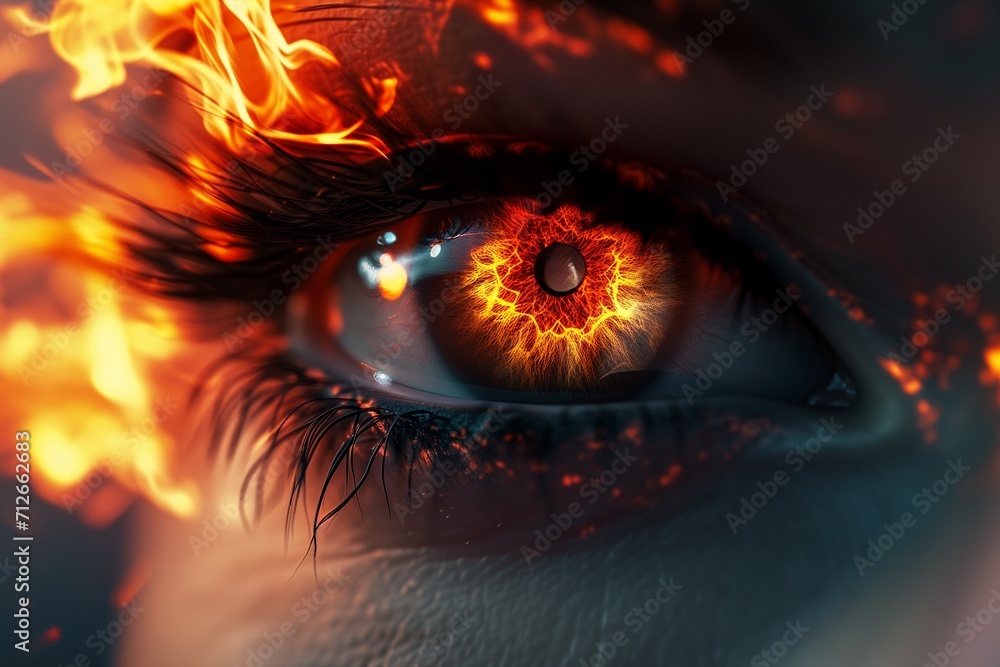 Woman's red eye in the dark. Piercing eyes Orange Fire. Burning demonic ...