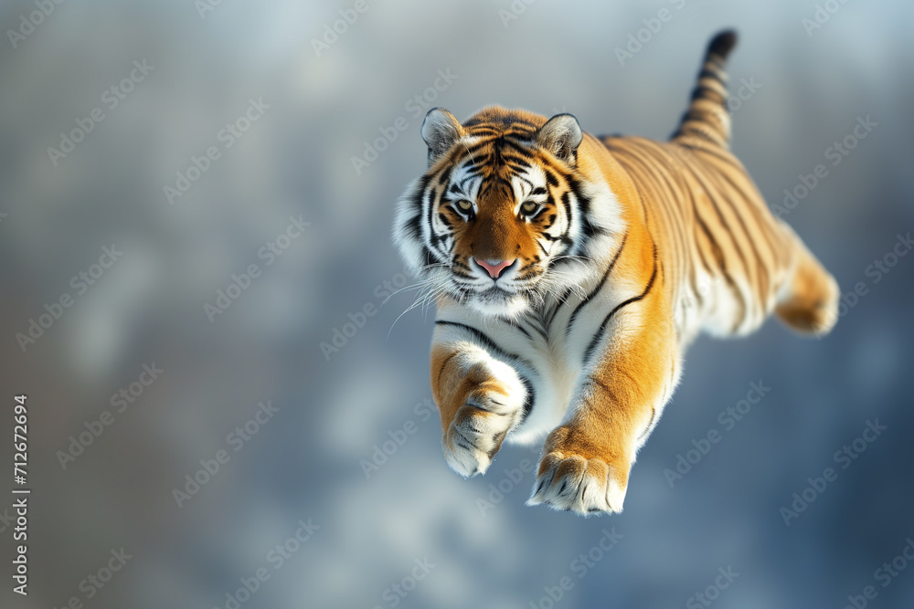 Bengal Tiger Jumping. Tiger in a jump with an open mouth and sharp ...