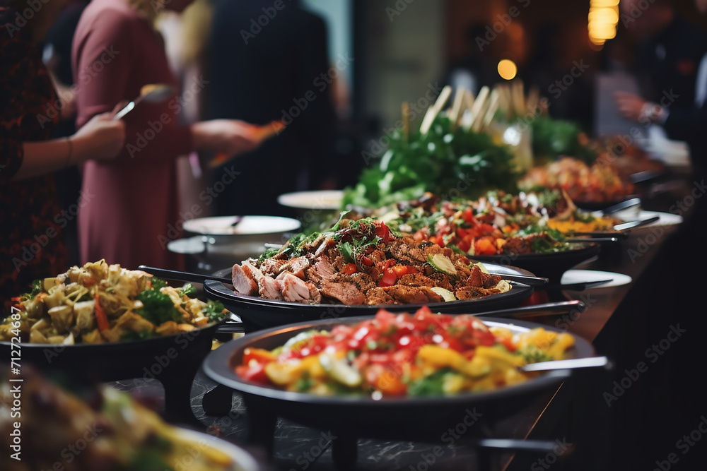 catering wedding buffet food indoor in luxury restaurant with meat and ...