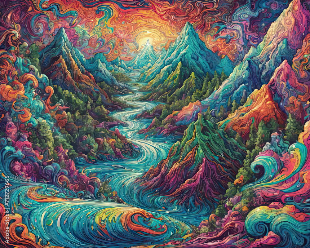 Psychedelic Sensory Journey - Close-up of mountain, water, and dancing ...