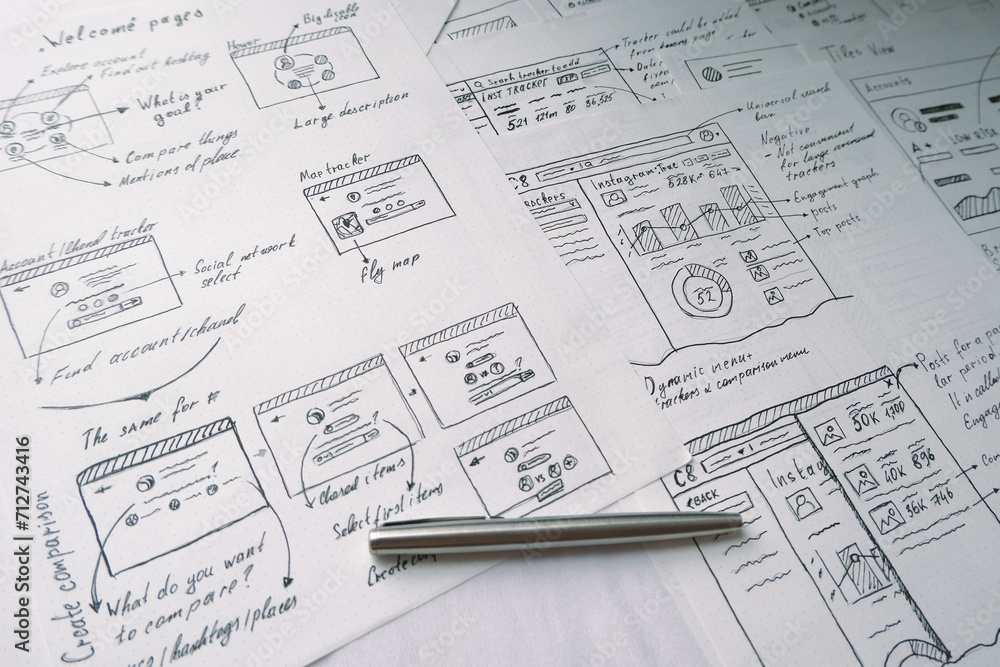User experience design wireframes of IT product. Hand drawn draft ...