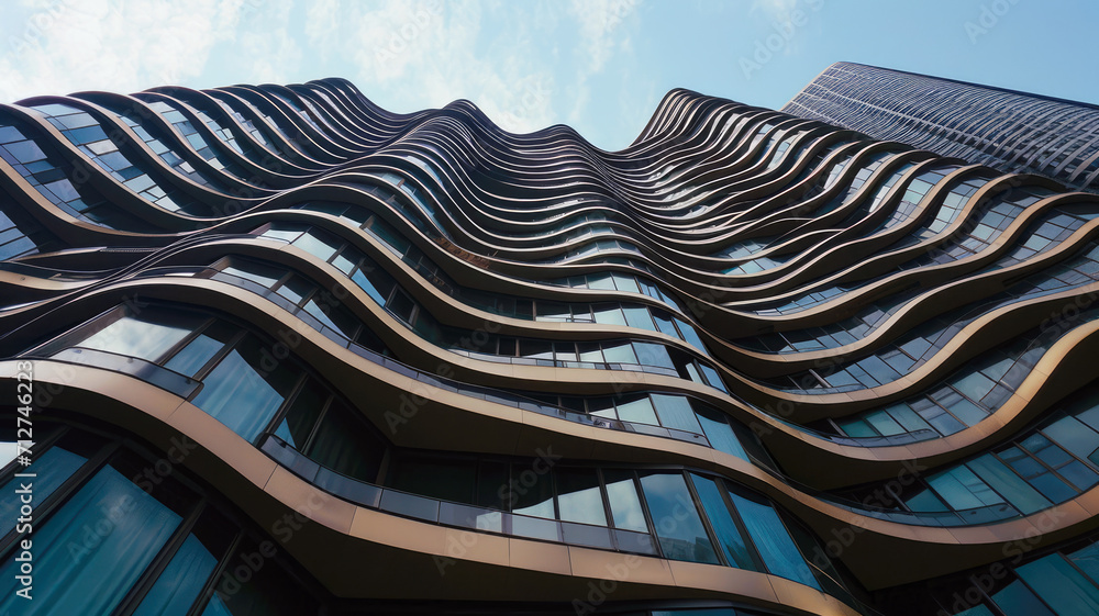 Modern tall building with wavy futuristic design, low angle view of ...