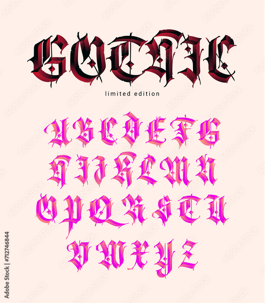Gothic font from Latin letters. Vector. English alphabet. Medieval ...