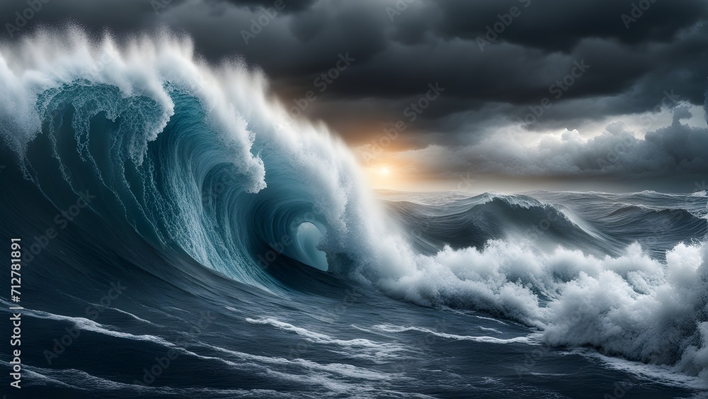 Giant tsunami waves collide, dark stormy sky, and tornado, creating a ...