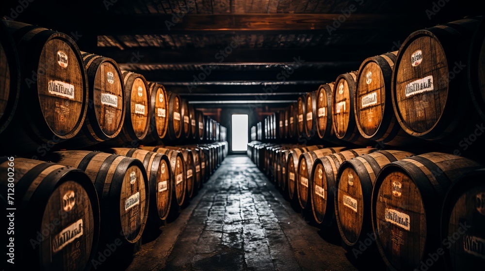 Stock-Foto „Aging facility with rows of whiskey, bourbon, and scotch ...