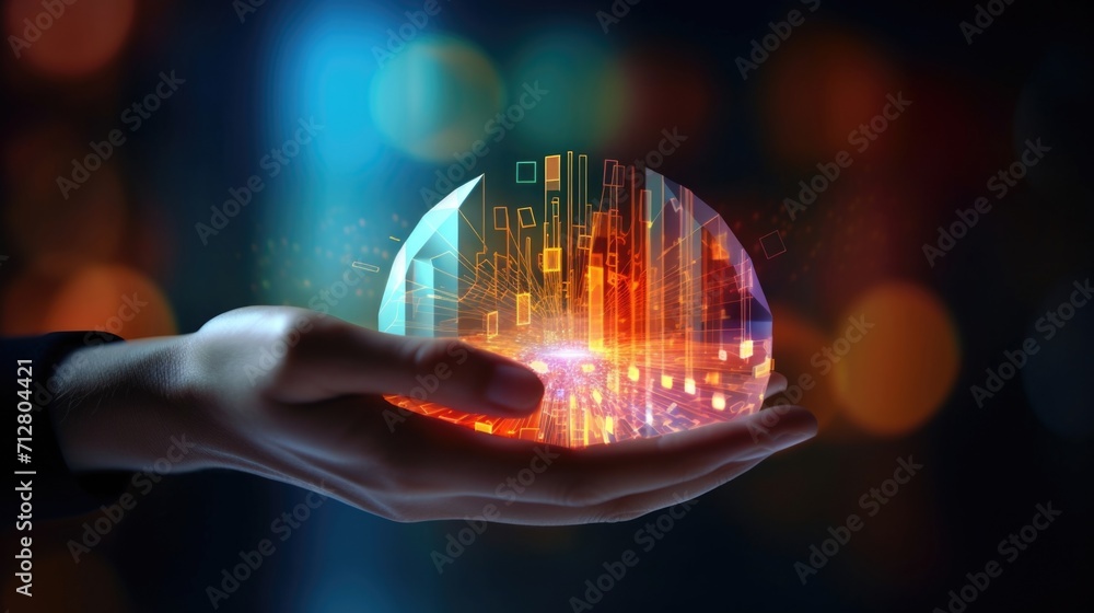 An ethereal hand moves through a hologram pie chart, representing the ...