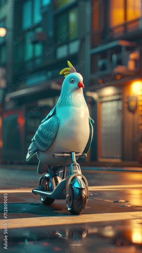 Cartoon digital avatars of a pigeon postal worker riding a futuristic ...