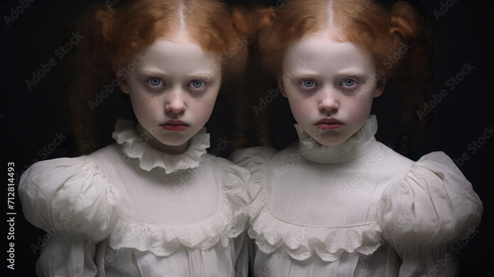 The image depicts identical twins with red hair and wearing white dresses. They are standing in ...