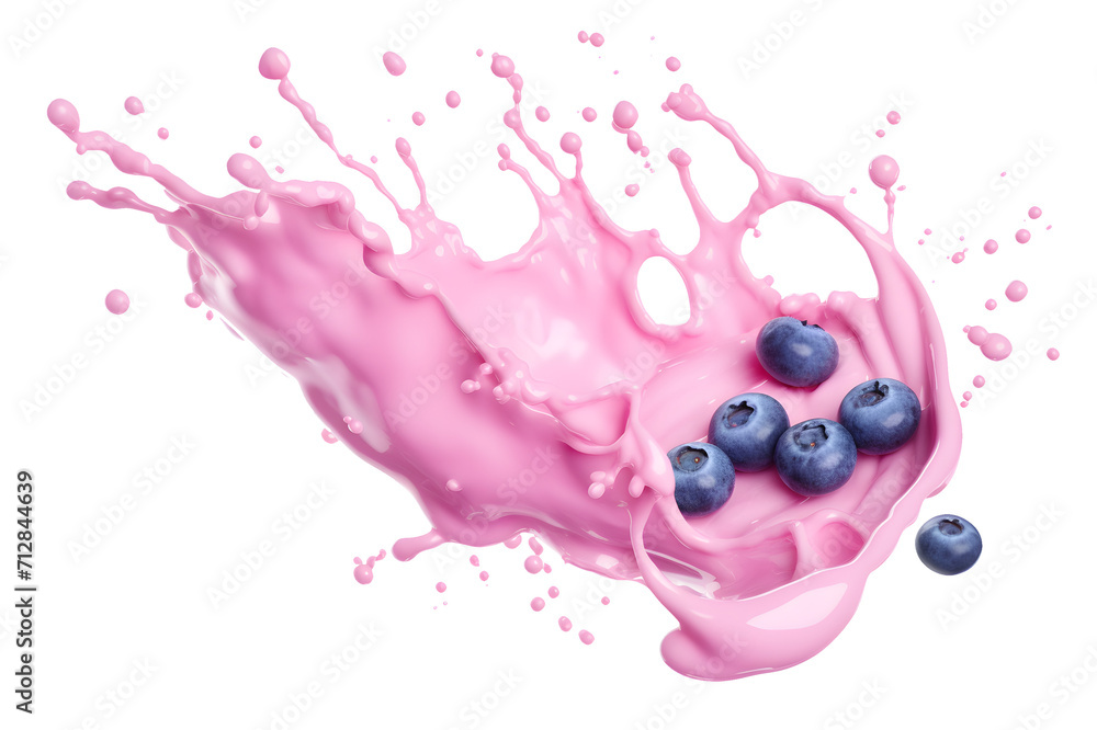 pink milkshake splash with blueberries isolated on transparent ...