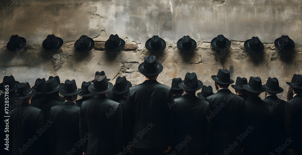 Jewish men praying and praying at mosque and wailing wall wearing ...