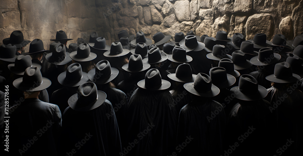 Jewish men praying and praying at mosque and wailing wall wearing ...