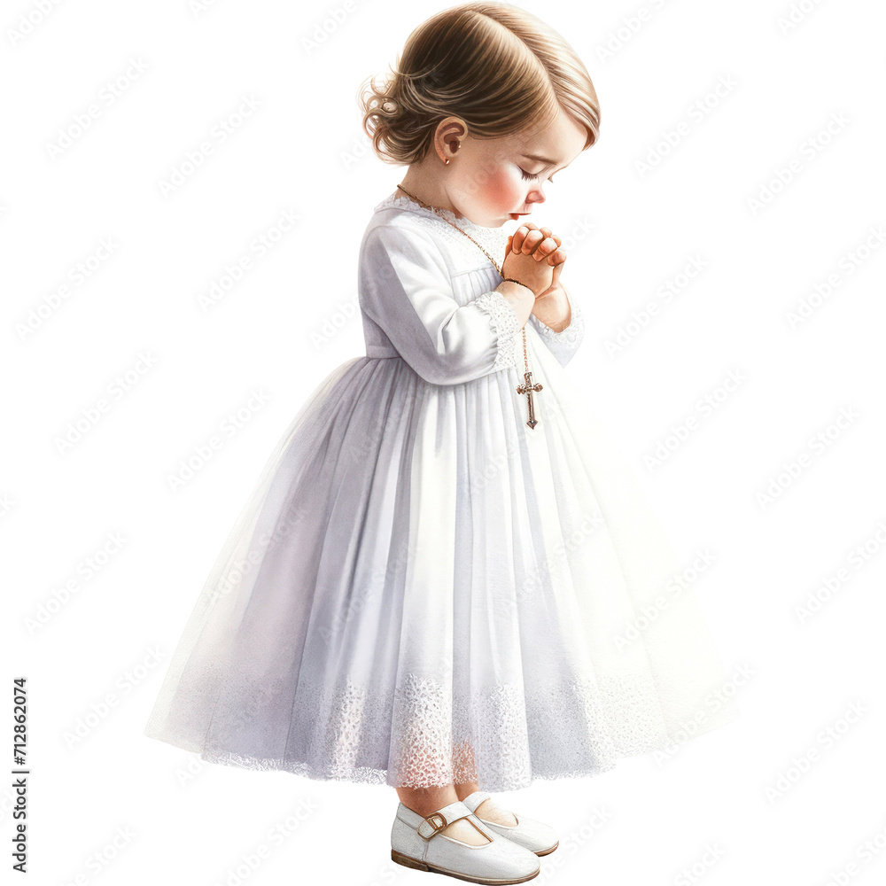 Baptism, A full-body watercolor painting of a toddler girl in a white ...
