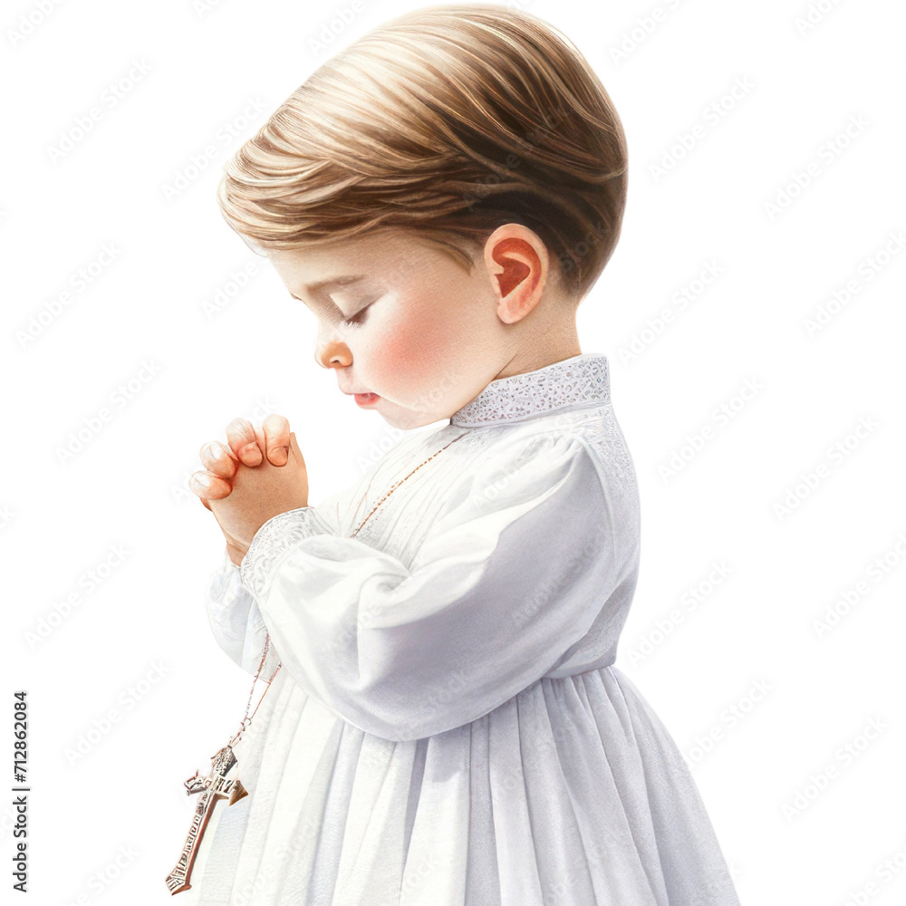 Baptism, A full-body watercolor painting of a toddler boy in a white ...