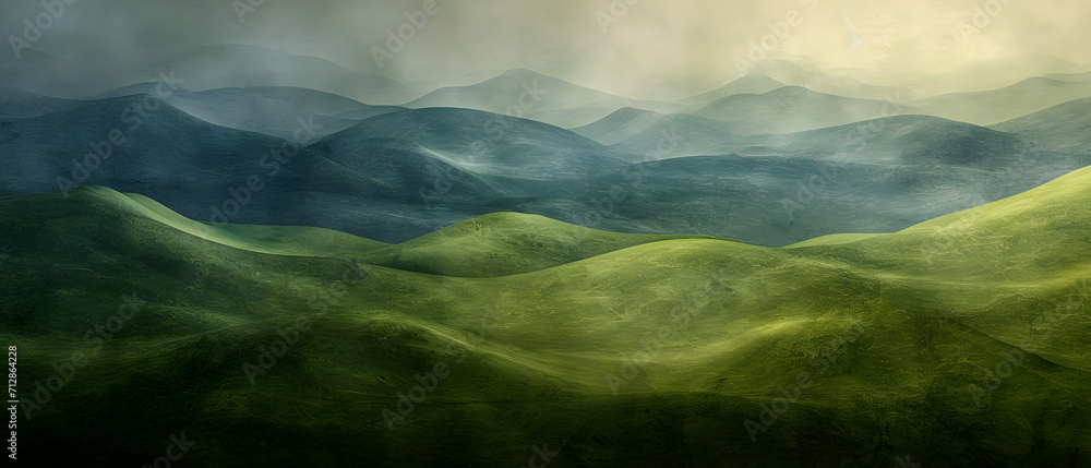 An ethereal landscape painting captures the mystical beauty of a foggy ...