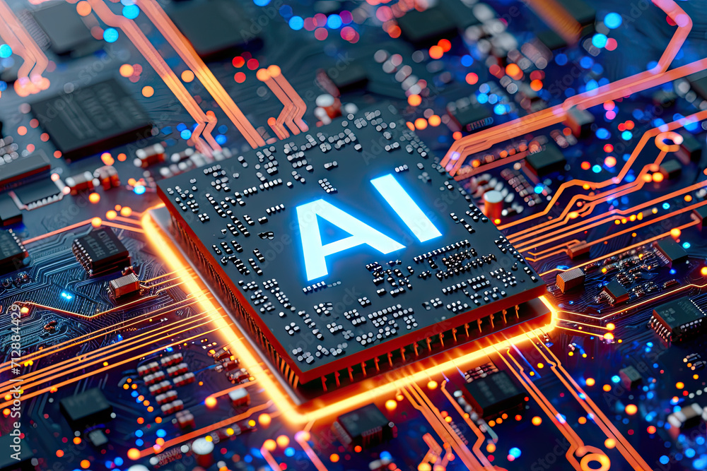Artificial Intelligence processor unit. text "AI" on PCB motherboard ...