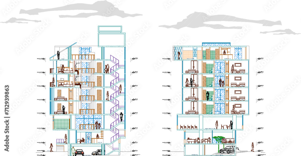 Vector sketch illustration of the technical drawing design of a modern ...