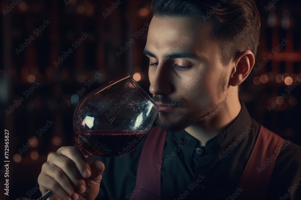 Male sommelier pouring flavor. Professional and young men tastes drink ...