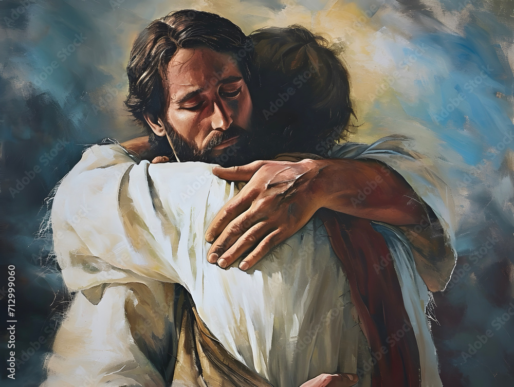 Jesus Christ hugging and comforting a man, oil painting Stock ...