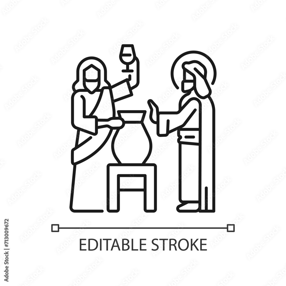 Vetor First miracle linear icon. Jesus Christ turns water into wine ...