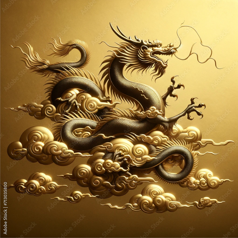 the minimalist realistic art illustrations of mythical gold dragons on ...