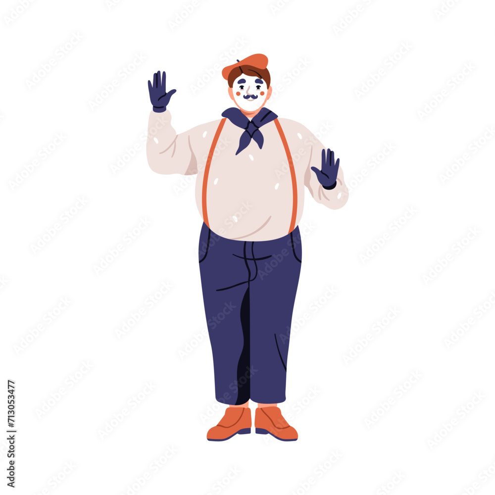 French mime performing pantomime with hands in gloves. Comic mimic ...