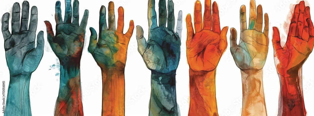 Decorative horizontal band or banner with human hands raised up symbol ...