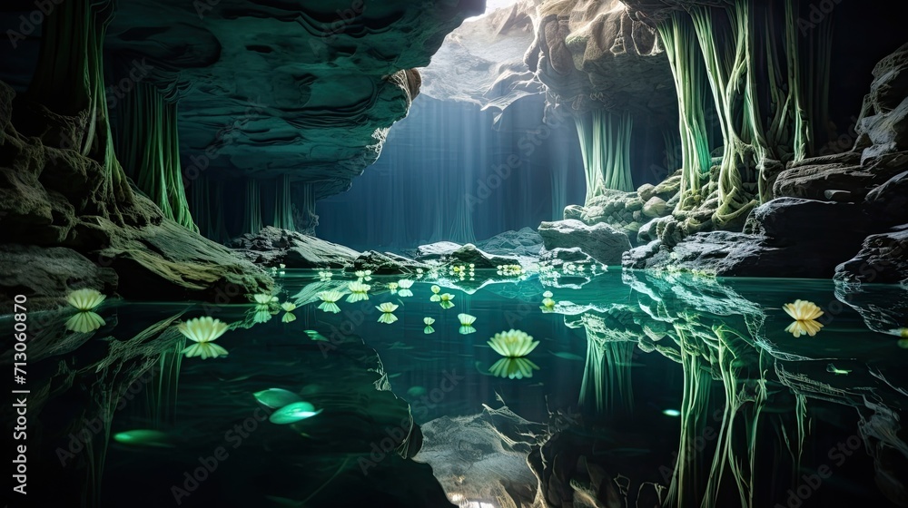 Mysterious cave illuminated by shimmering crystals and concealed ...