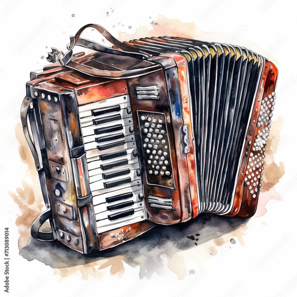 Watercolor accordion isolated on white, musical instrument collection ...