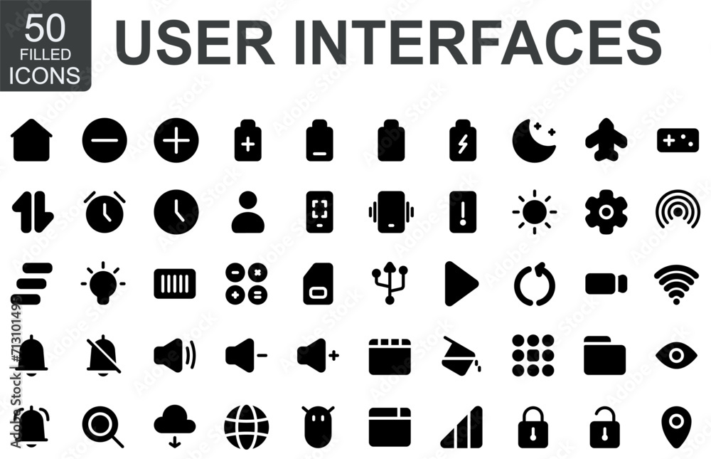 user interface icon set.fill black.vector smartphone.contains house,add,min,battery,moon,wifi ...